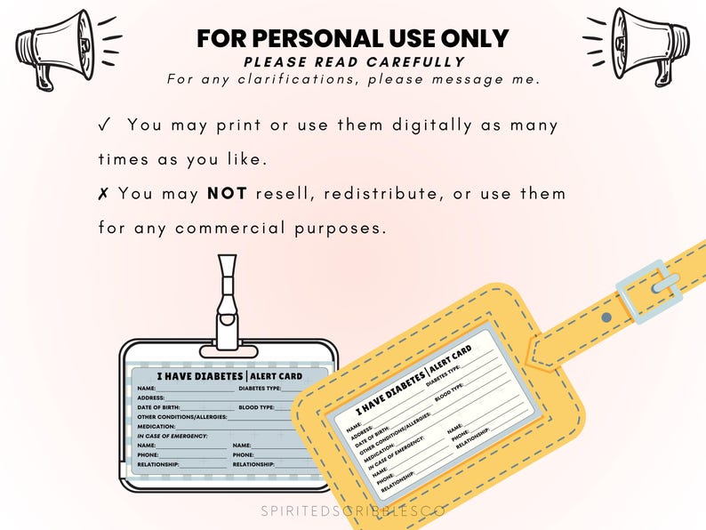 Printable Diabetes Alert Card Medical ID Ice Tag Emergency Diabetic ...