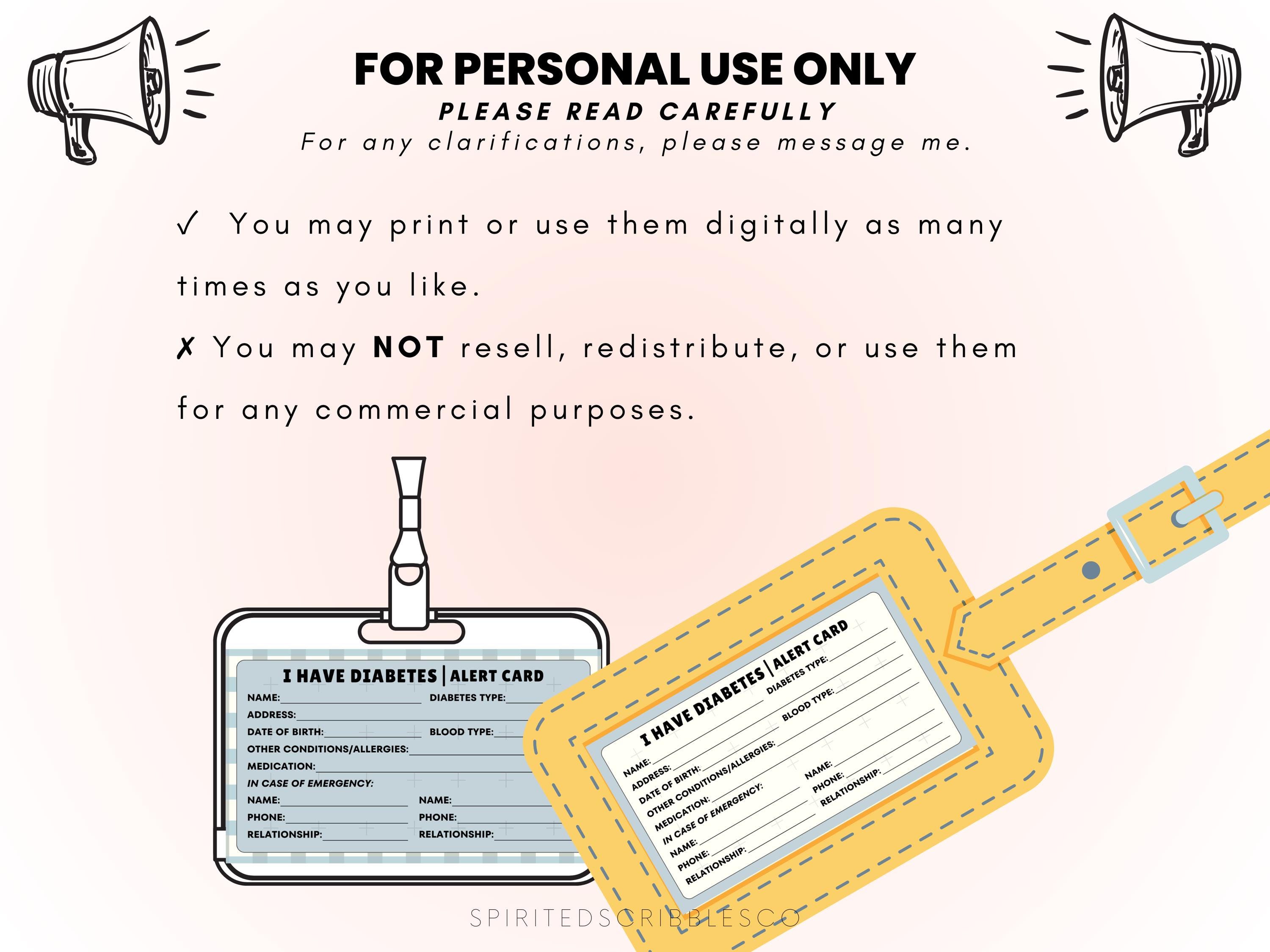 Printable Diabetes Alert Card Medical ID Ice Tag Emergency Diabetic ...