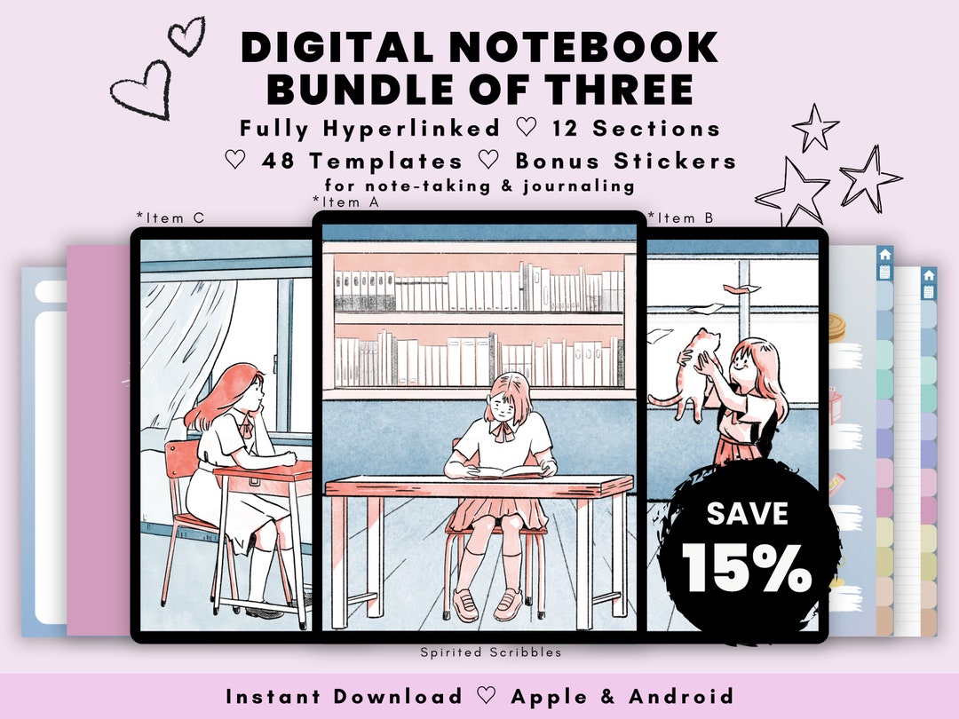 Bundle Digital Notebook With Tabs, Hyperlinked, 12 Sections, Stickers ...