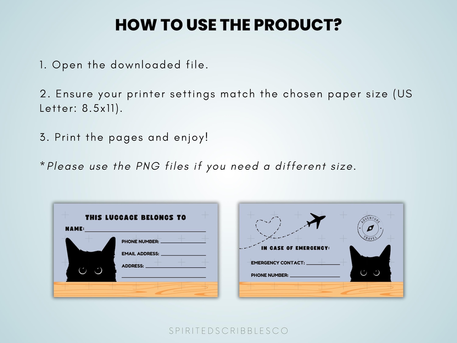 Printable Luggage Tag Insert Two-sided Cute Black Cat Travel Suitcase ...