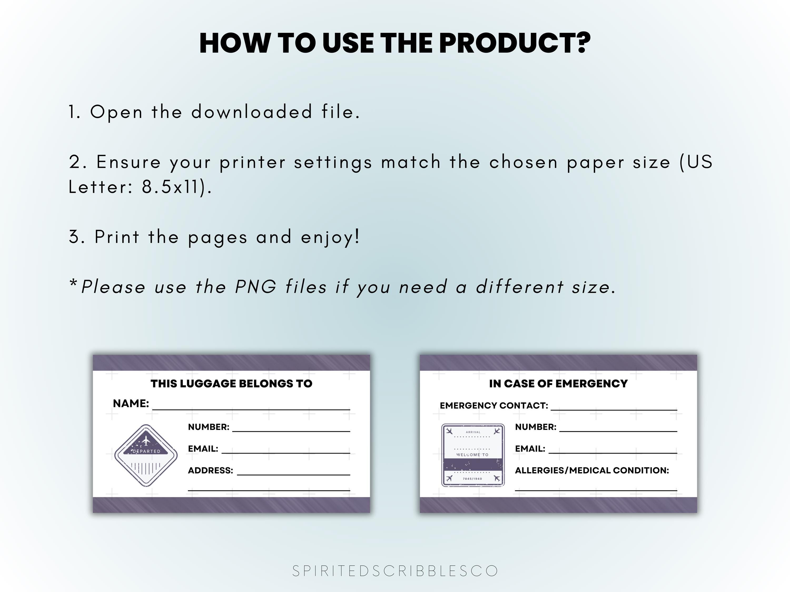 Printable Luggage Tag Insert Two-sided in Case of Emergency Travel Gear ...