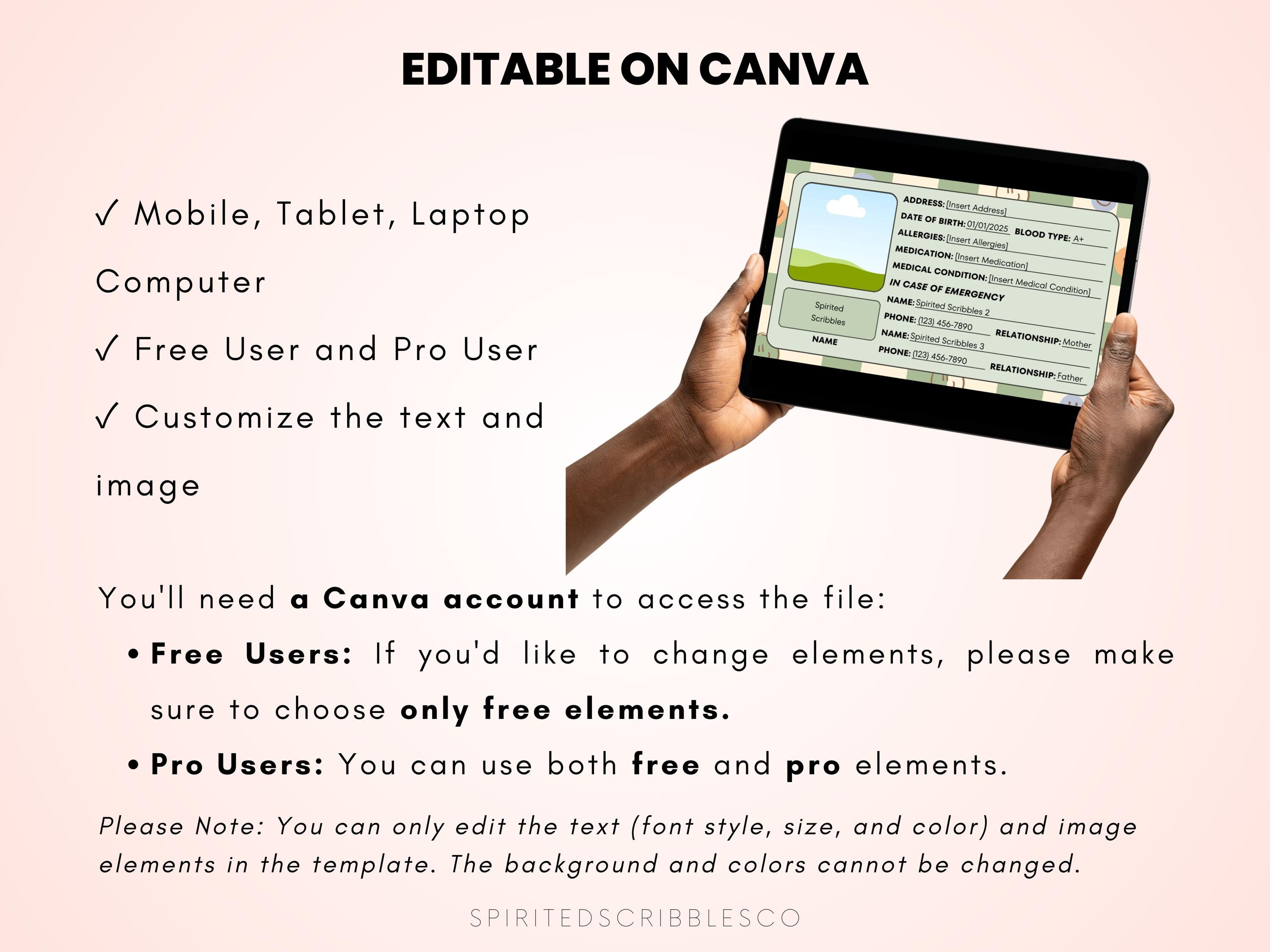 Kids Editable Emergency Card in Case of Emergency ICE Tag Contacts ...