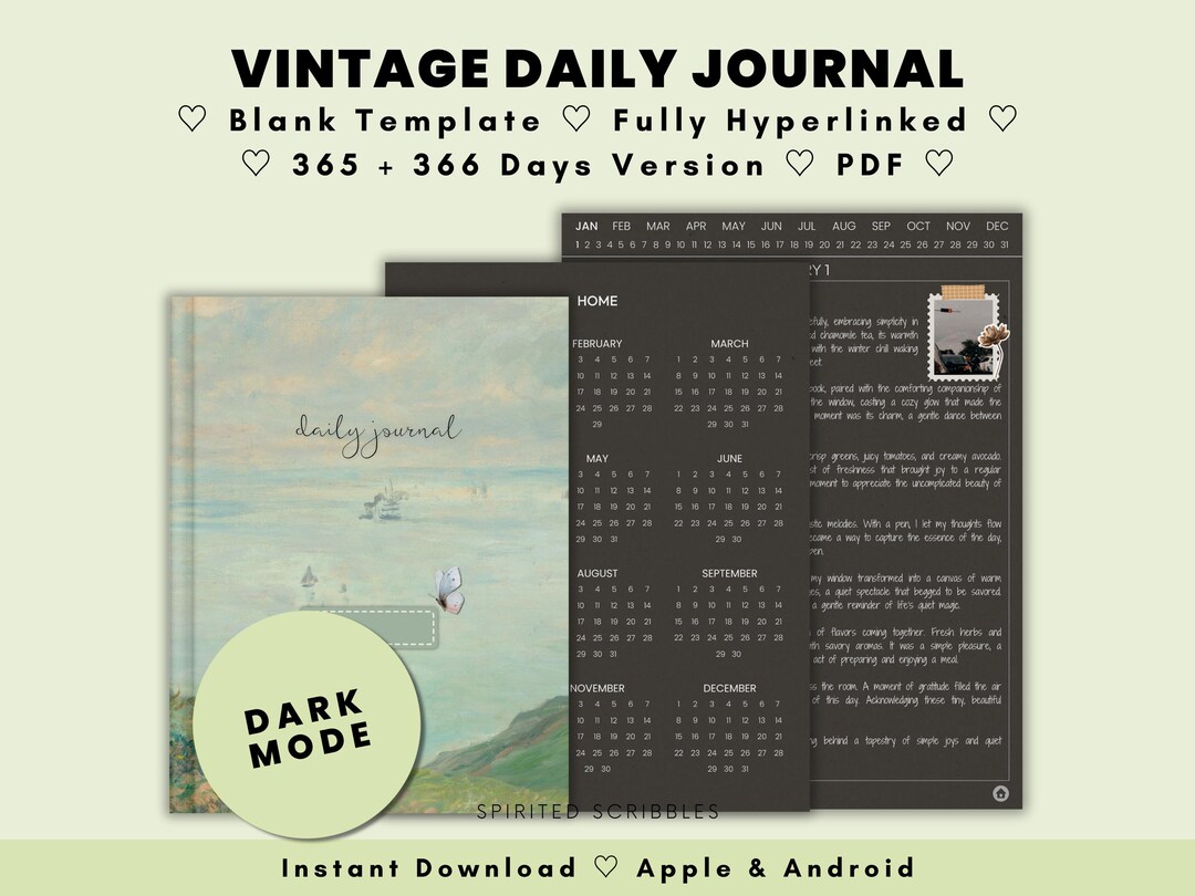 2026 Daily Journal Digital Dark Mode Vintage 366 & 365-day Undated ...