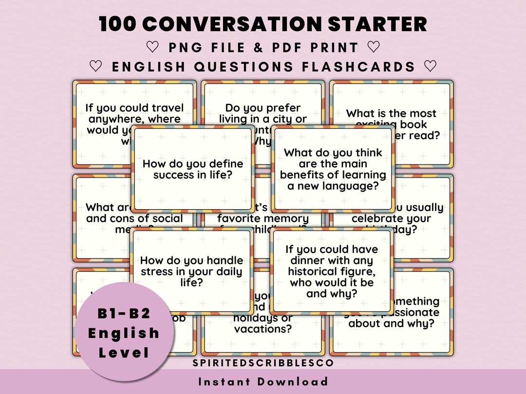 100 English Conversation Starter Flashcards Printable Intermediate B1 ...