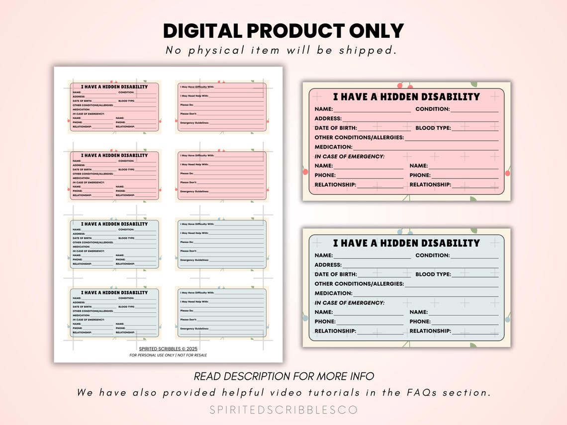 Printable Hidden Disability Card Medical Awareness Card Safety Alert ...