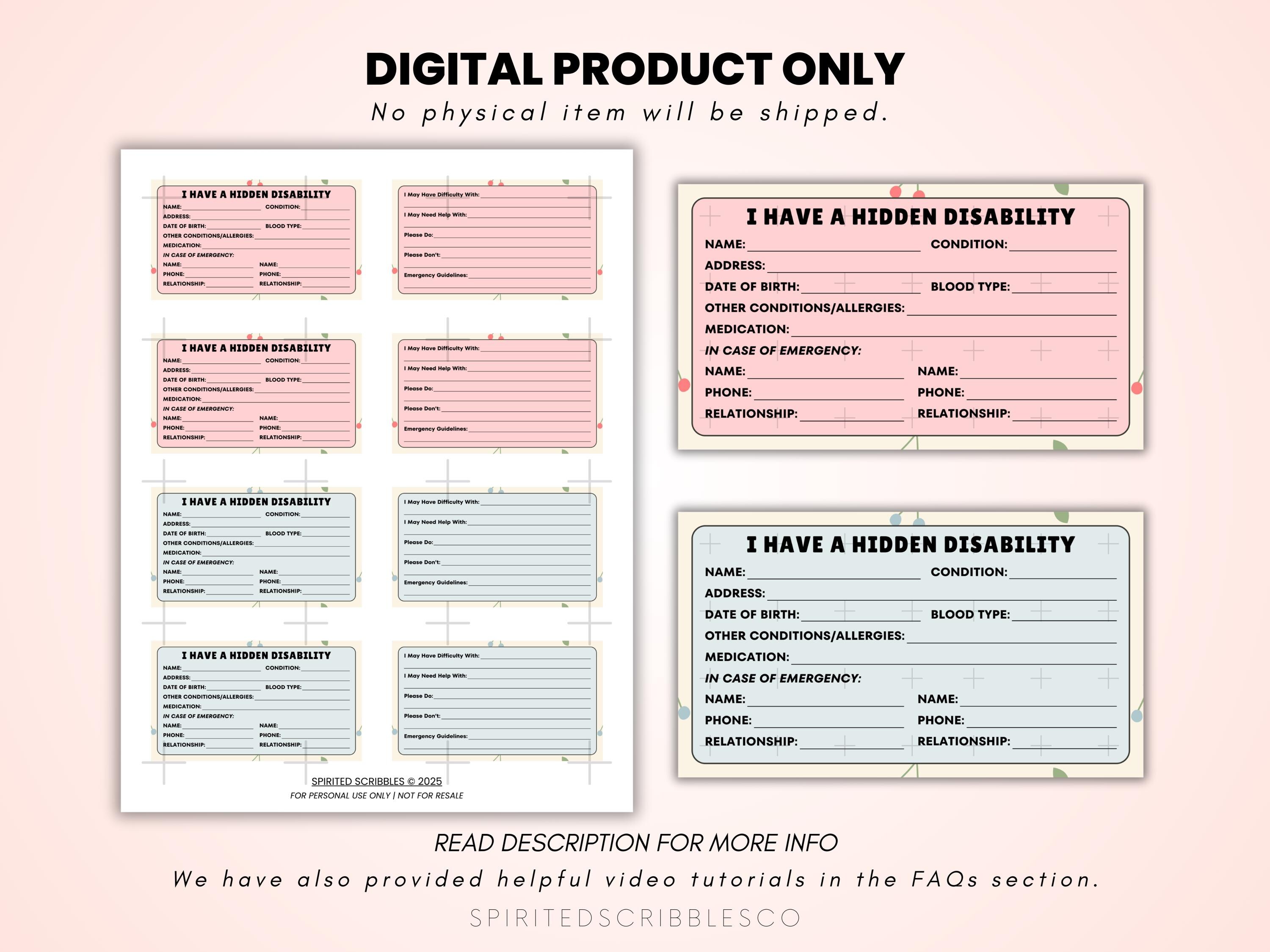 Printable Hidden Disability Card Medical Awareness Card Safety Alert ...