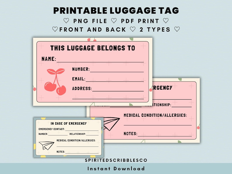 Printable Luggage Tag Insert Two-sided in Case of Emergency Contacts ...