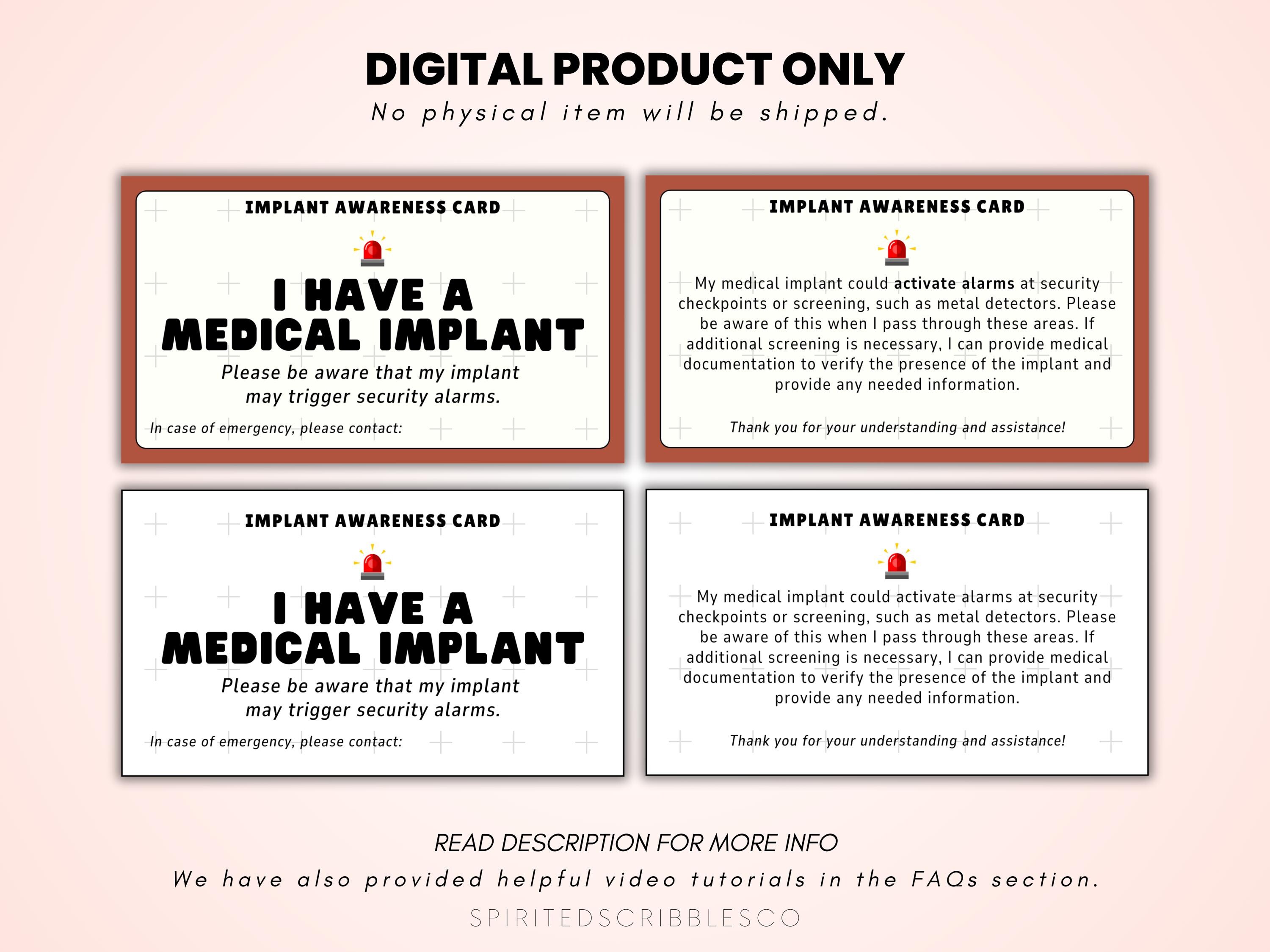 Printable Implant Card Medical Implant Awareness Alert Visual Wallet ...