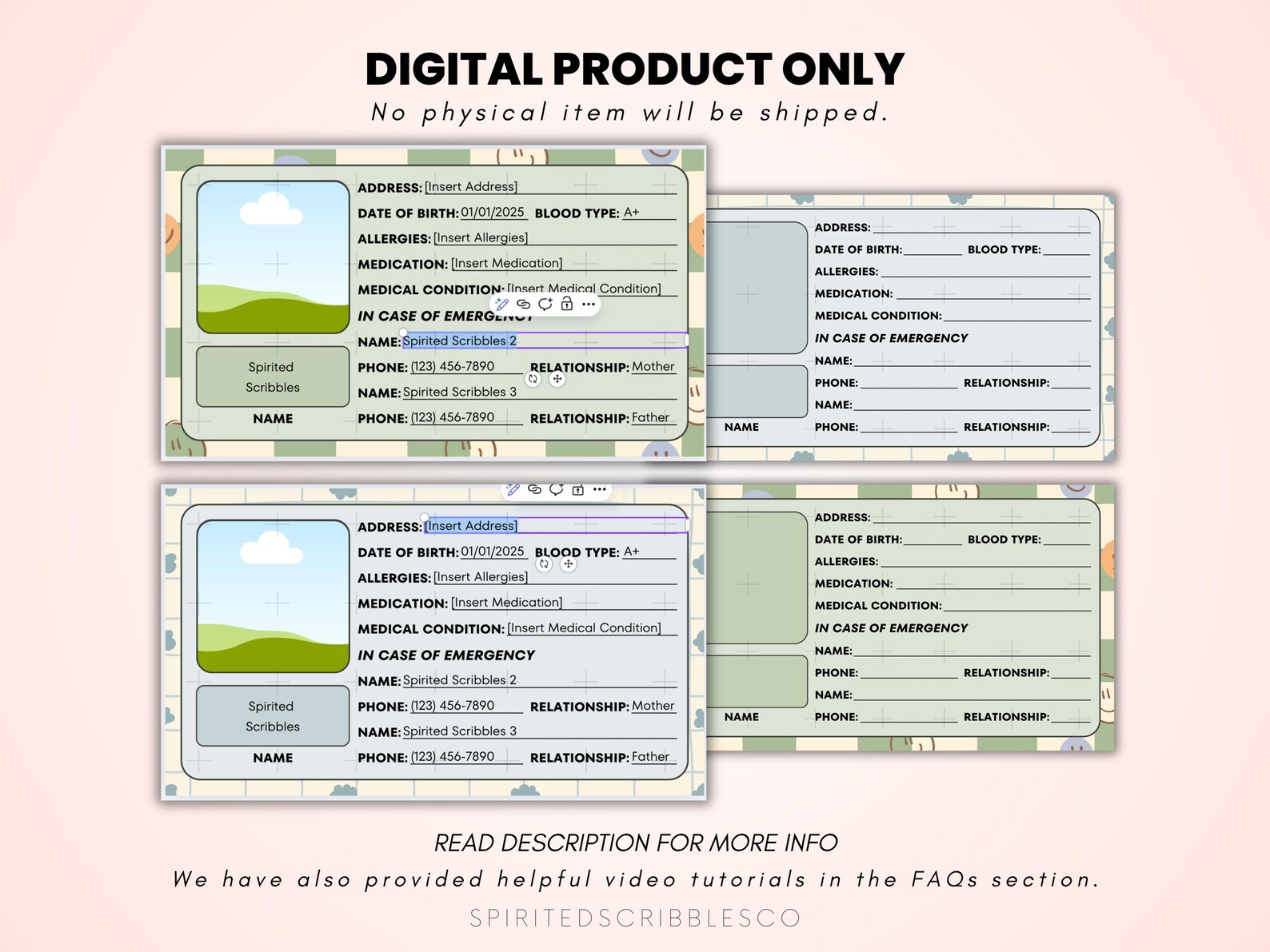 Kids Editable Emergency Card in Case of Emergency ICE Tag Contacts ...