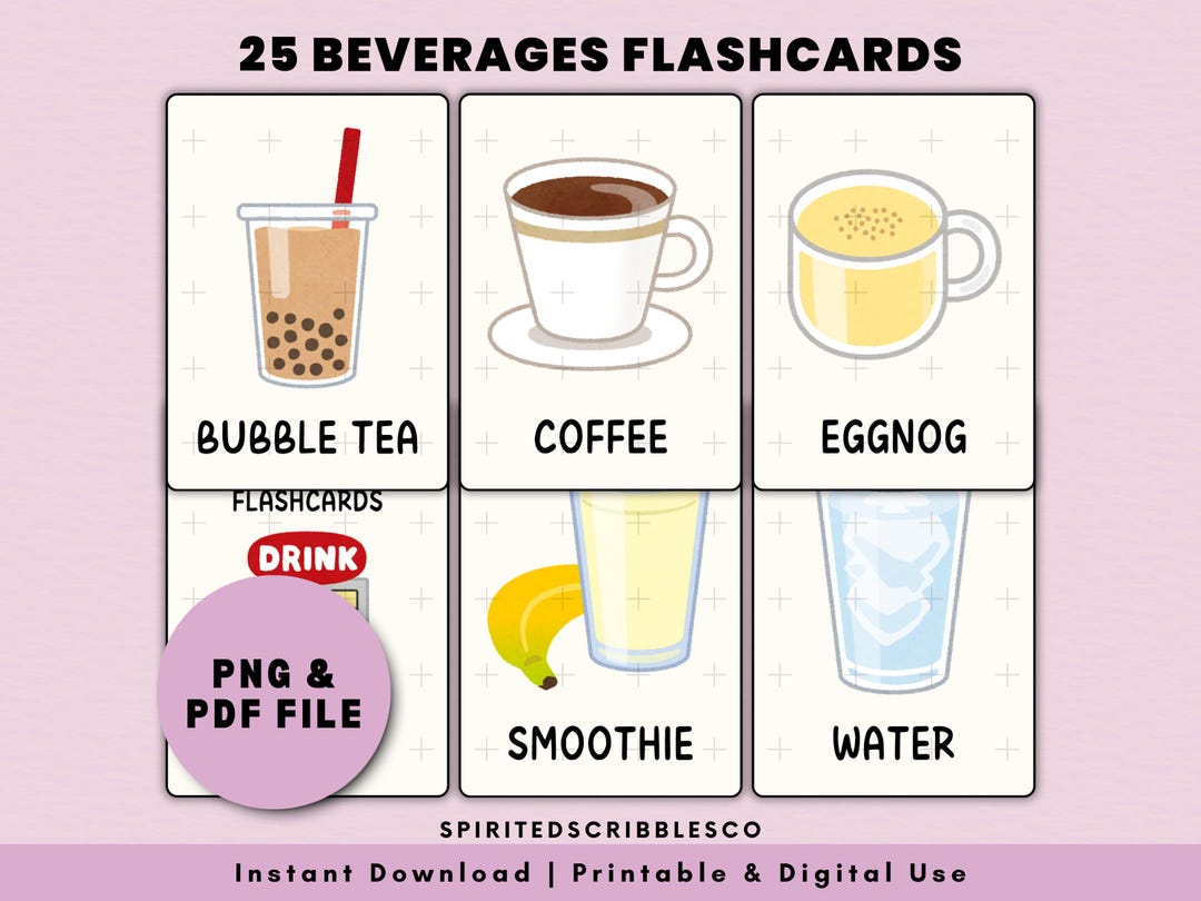 25 Beverages Flashcards Printable Drinks Flash Cards Food Picture Image ...