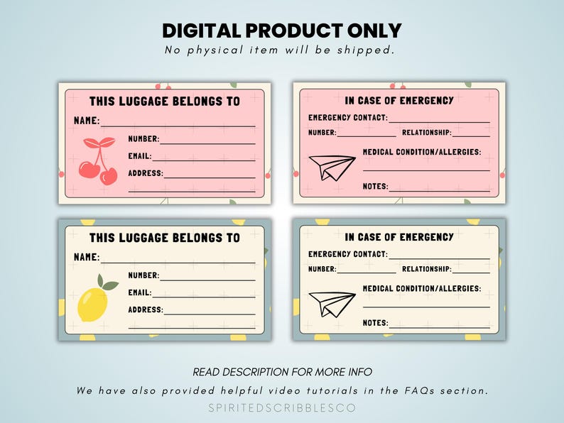 Printable Luggage Tag Insert Two-sided in Case of Emergency Contacts ...