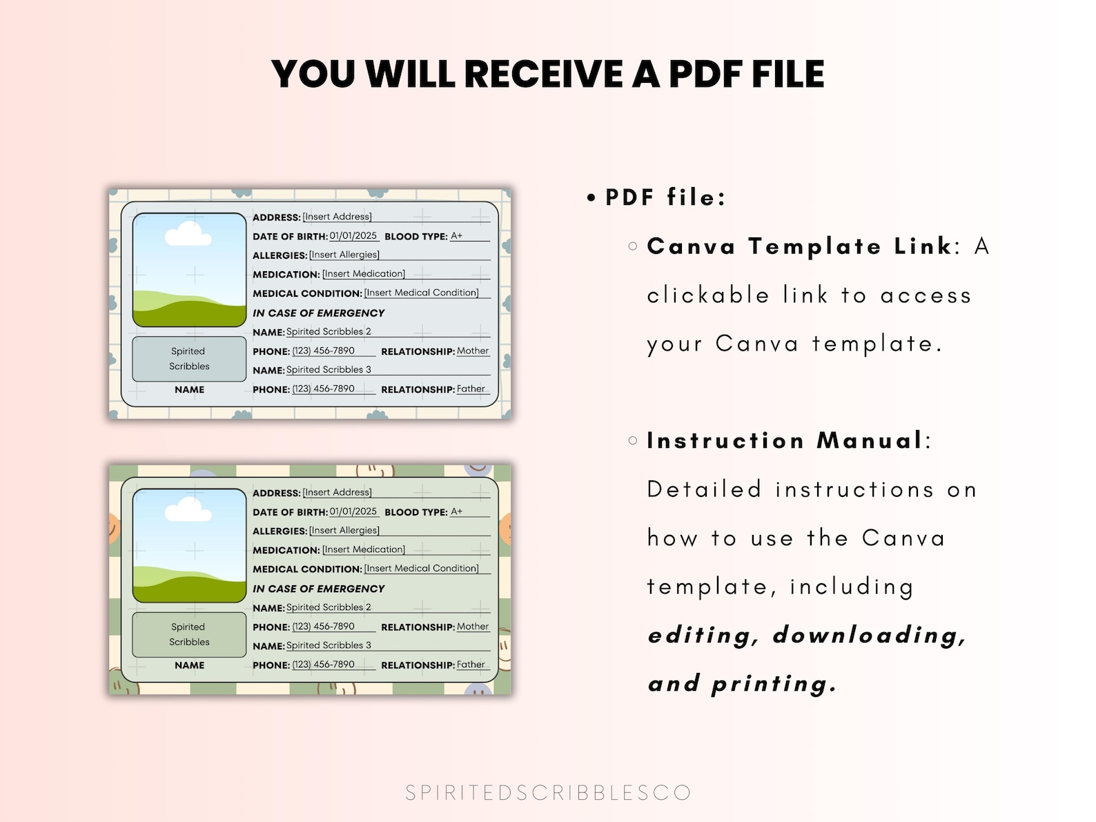 Kids Editable Emergency Card in Case of Emergency ICE Tag Contacts ...