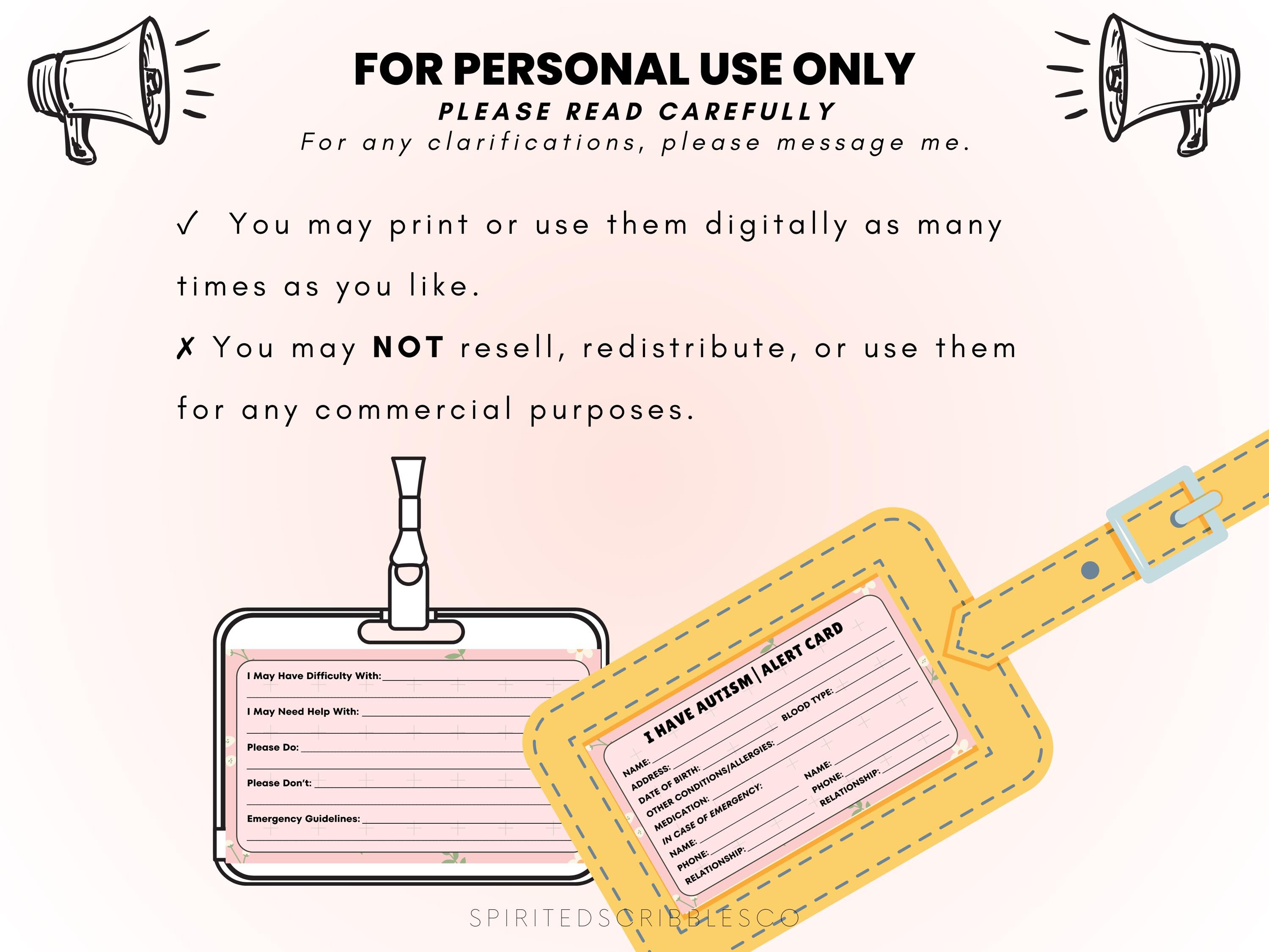 Printable Autism Alert Card Medical ID Ice Tag Emergency Safety ...