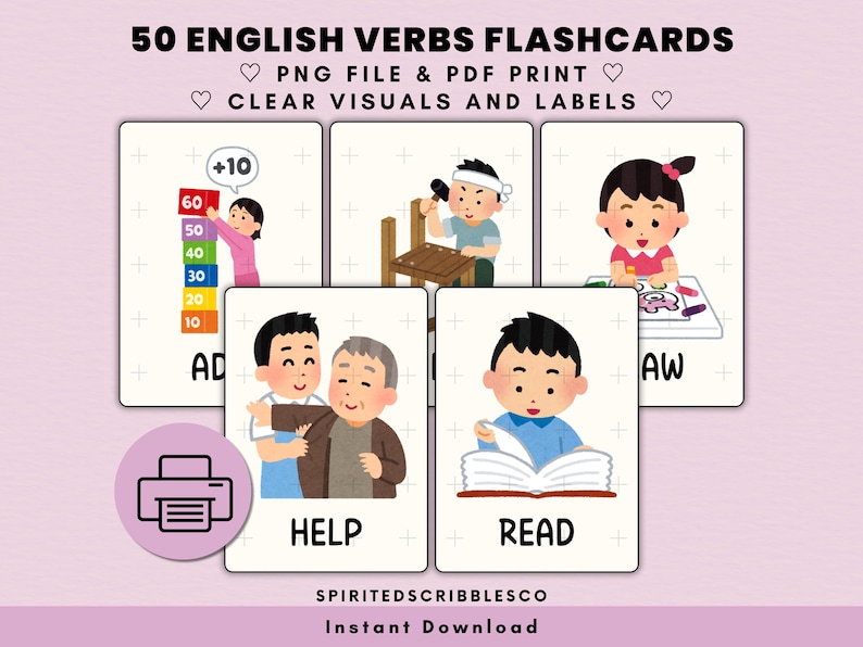 50 English Verb Vocabulary Flashcards Printable English Action Words ...