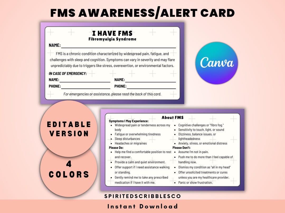 Editable FMS Cards Fibromyalgia Syndrome Awareness Card Medical ...