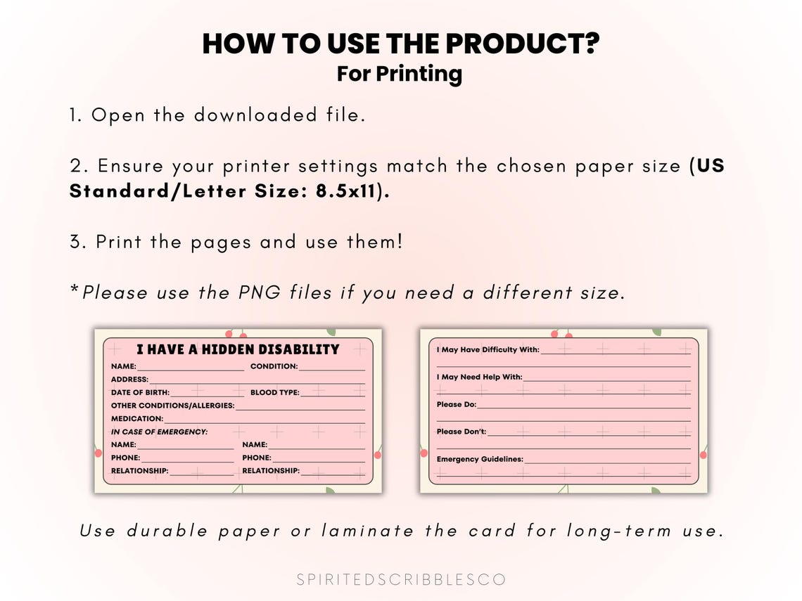 Printable Hidden Disability Card Medical Awareness Card Safety Alert ...