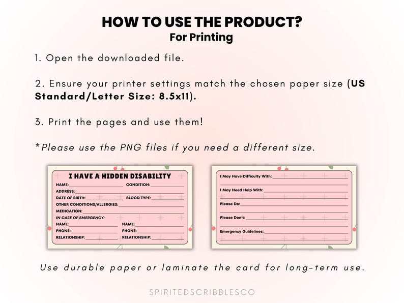 Printable Hidden Disability Card Medical Awareness Card Safety Alert ...