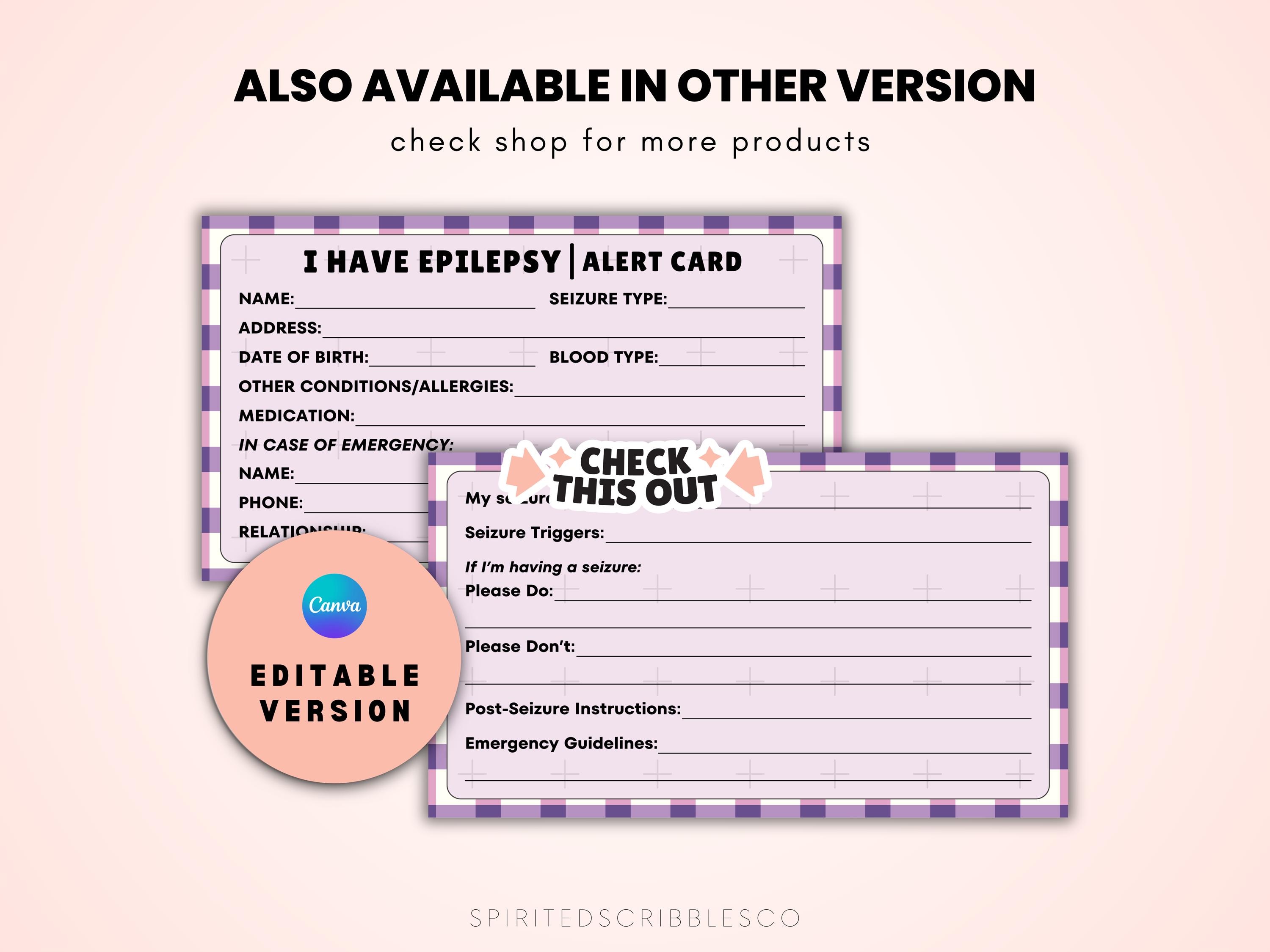 Printable Epilepsy Card Medical Alert Cards Epilepsy Seizure Awareness ...