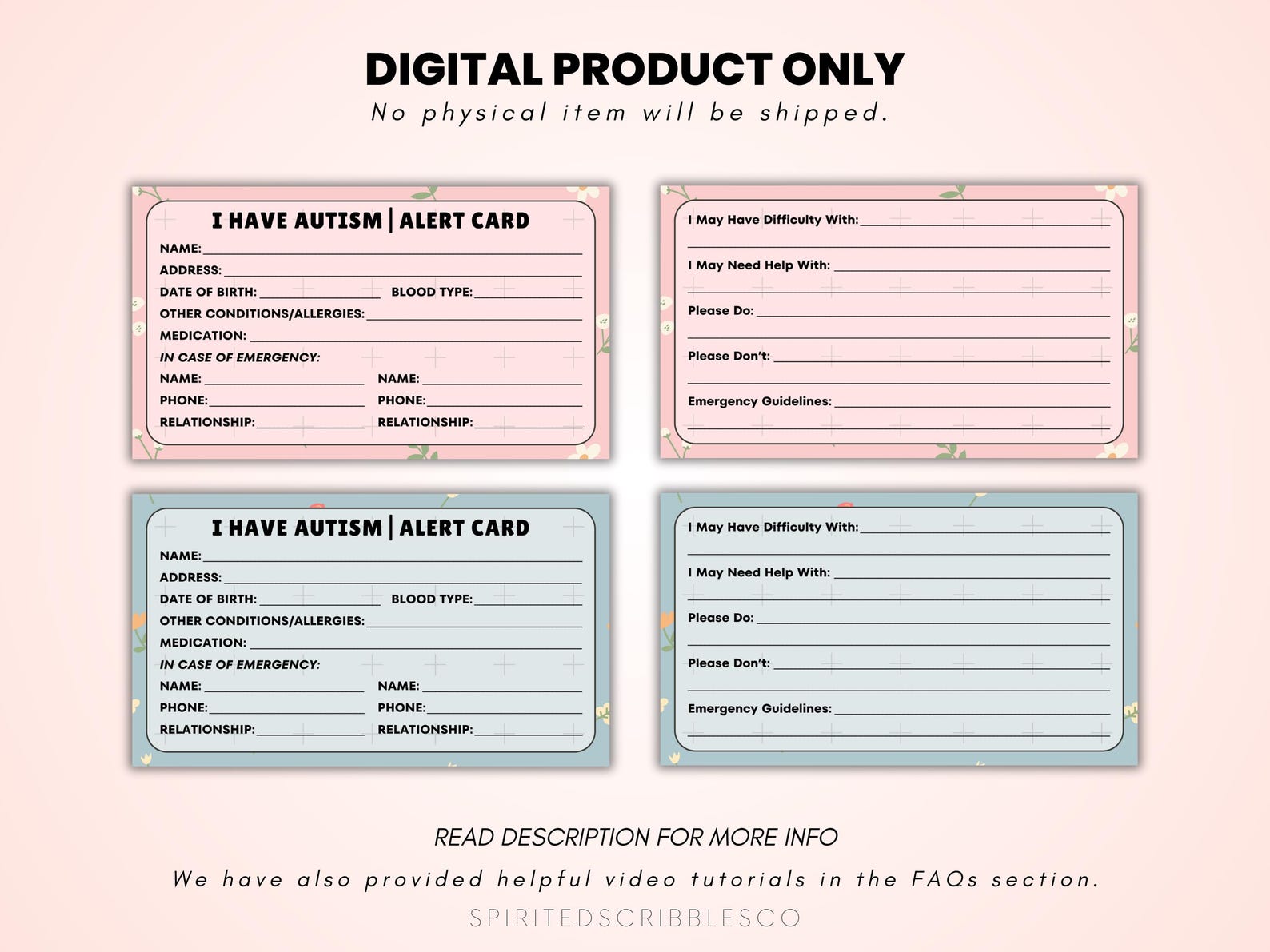 Printable Autism Alert Card Medical ID Ice Tag Emergency Safety ...