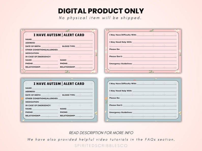 Printable Autism Alert Card Medical ID Ice Tag Emergency Safety ...