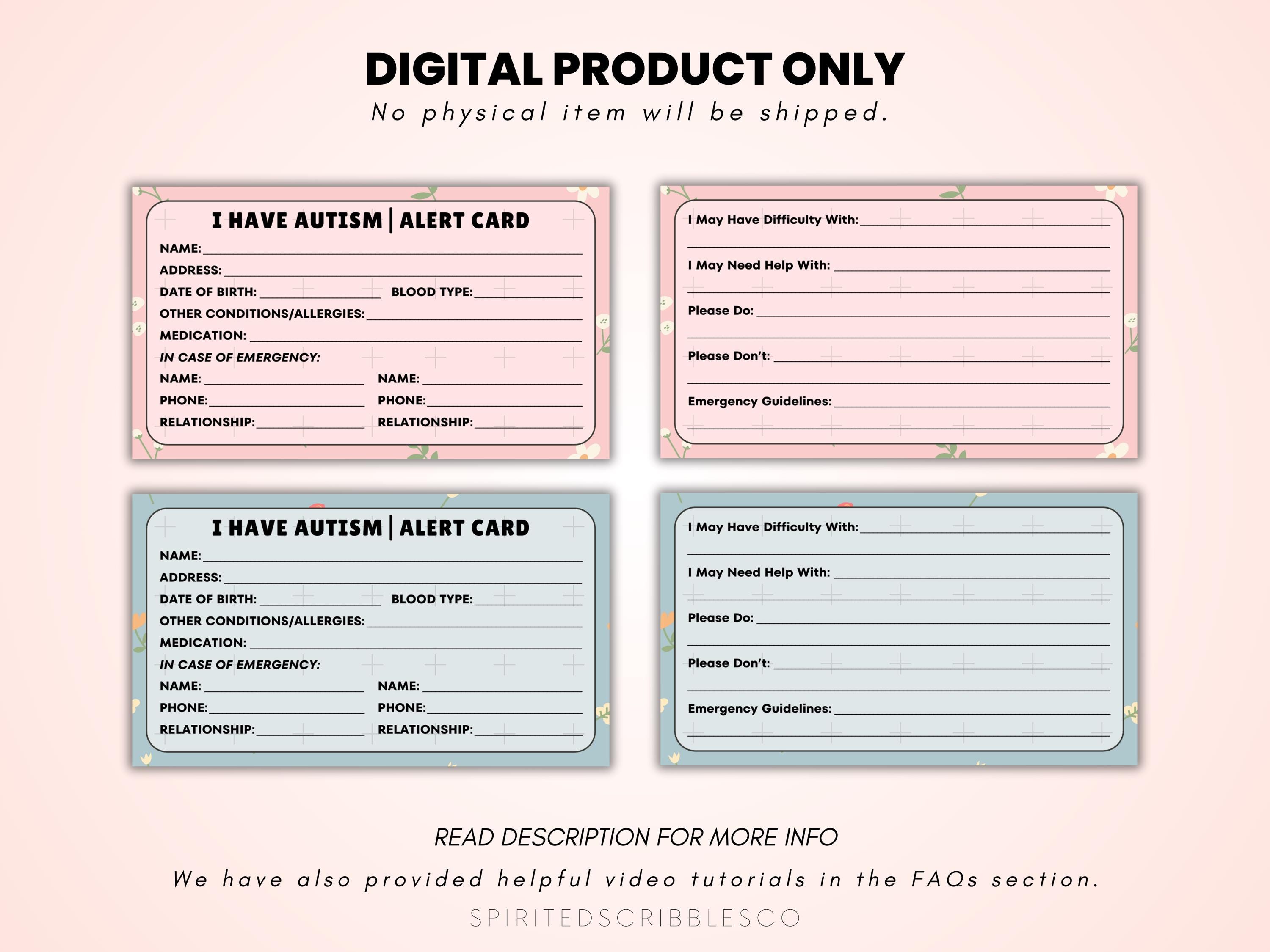 Printable Autism Alert Card Medical ID Ice Tag Emergency Safety ...