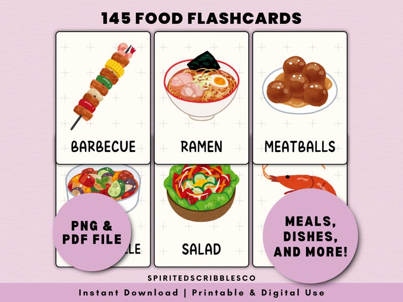 145 Food Flashcards Printable Meals Dishes Fast Food Flash Card Visual ...