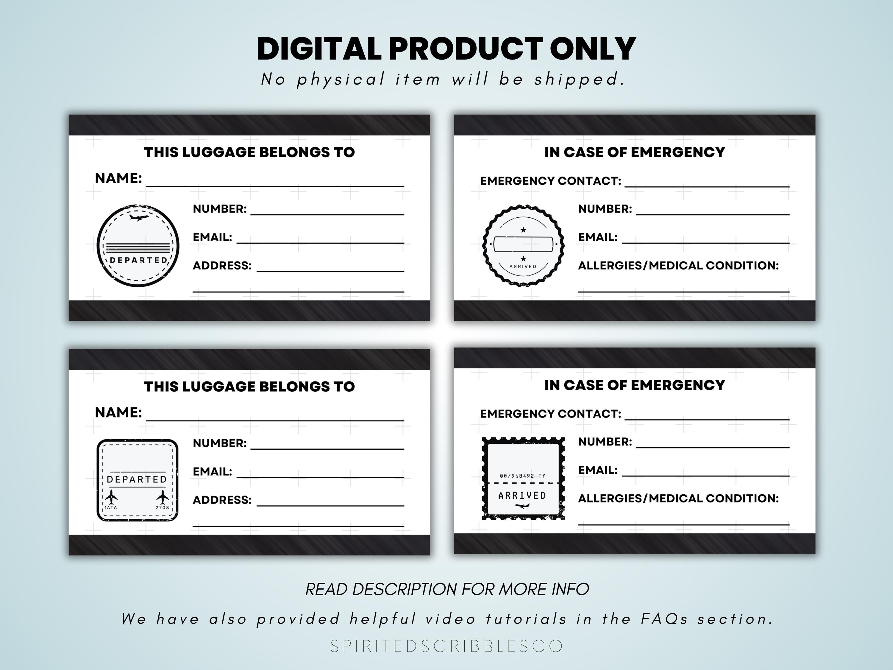 Printable Luggage Tag Insert Two-sided in Case of Emergency Travel Gear ...