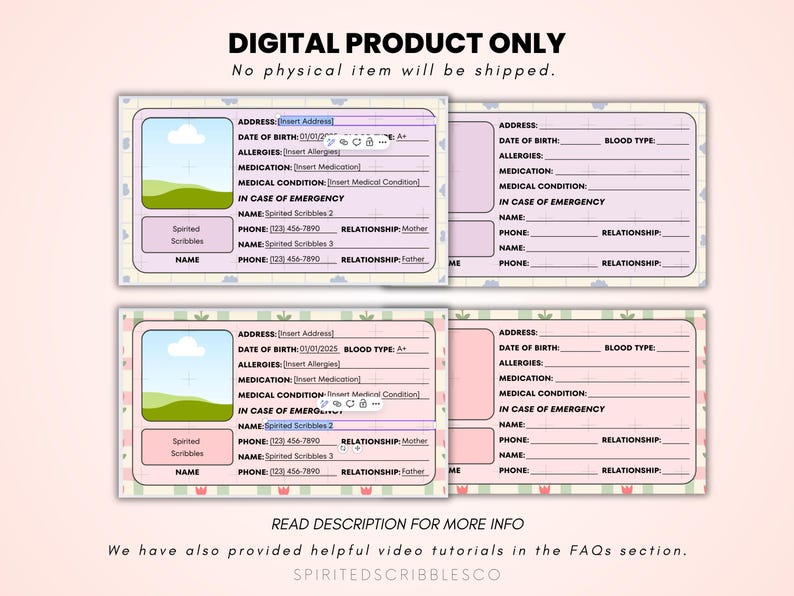Editable Kids Emergency Card in Case of Emergency ICE Tag Contacts ...