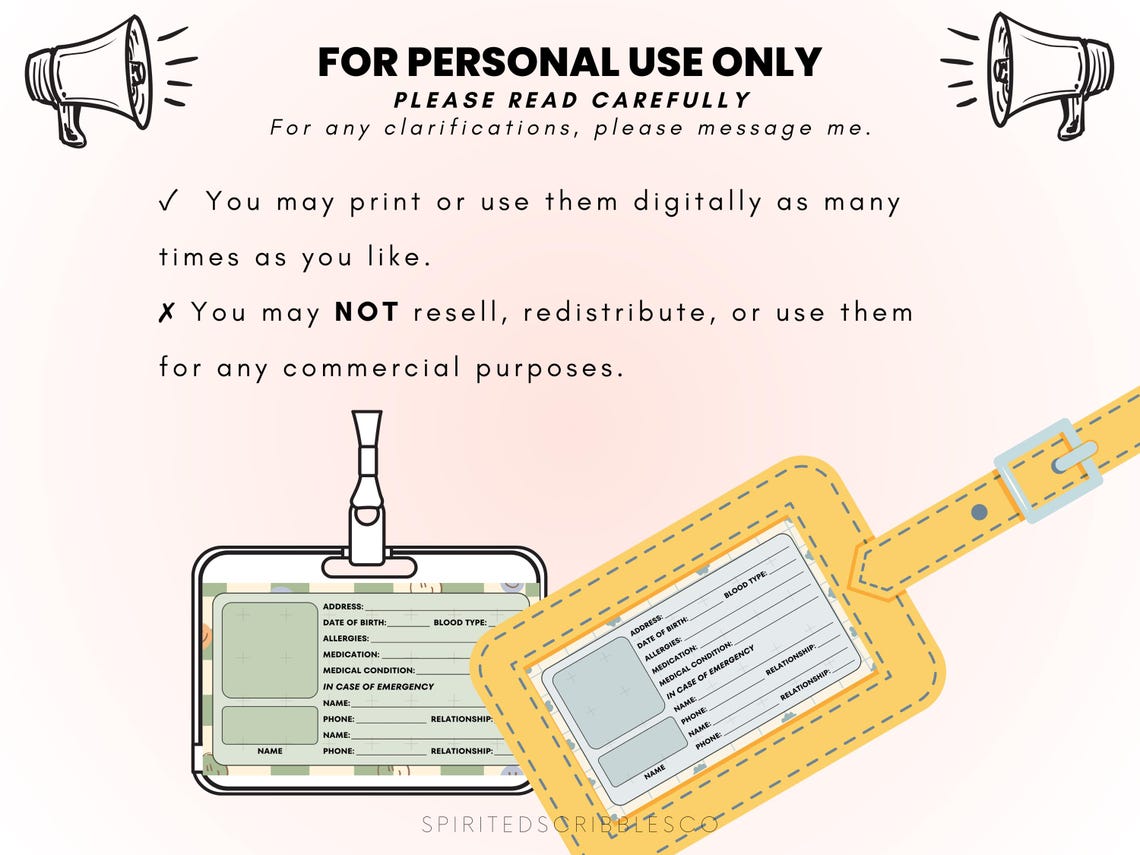 Kids Editable Emergency Card in Case of Emergency ICE Tag Contacts ...