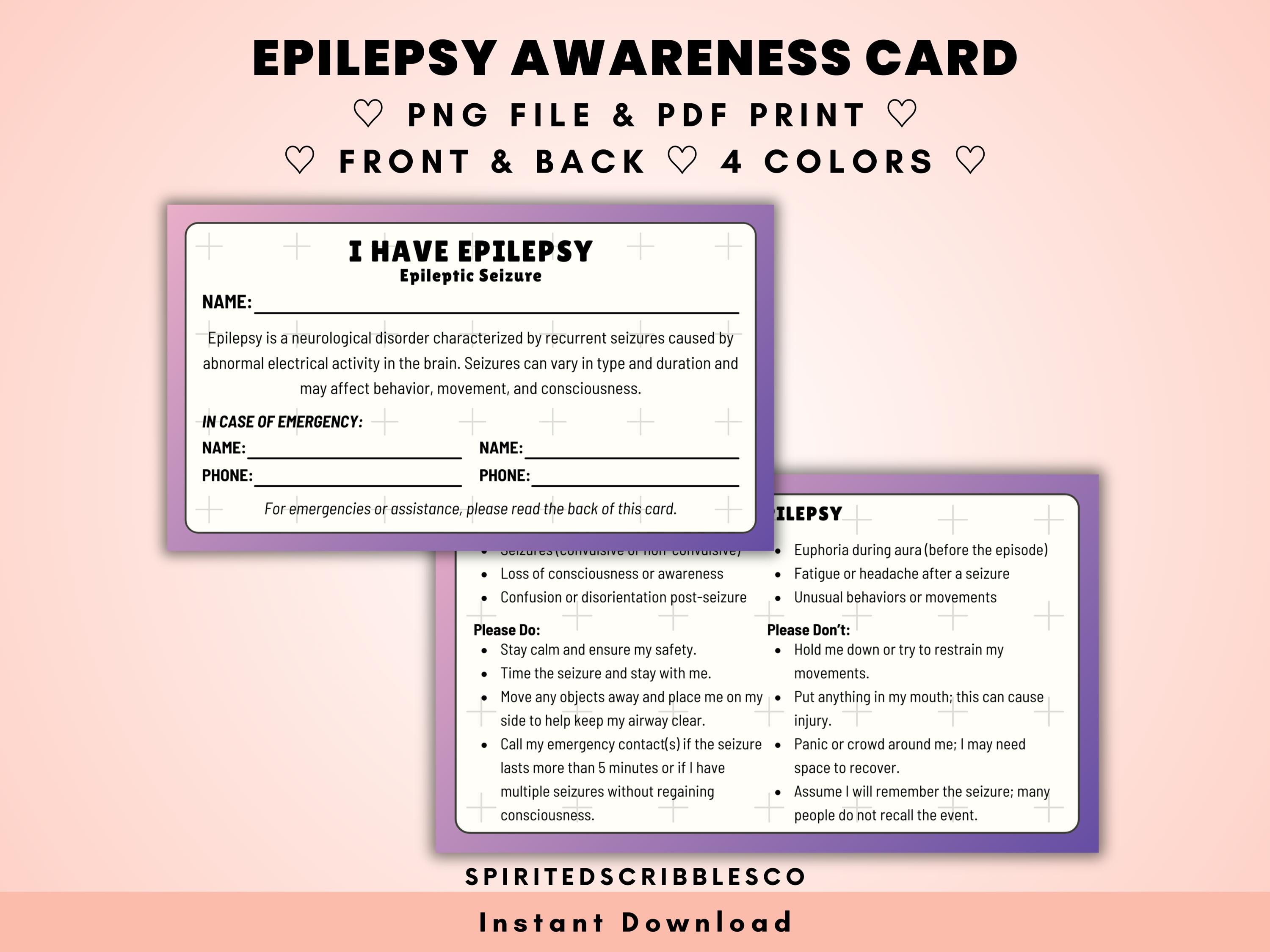Printable Epilepsy Card Epileptic Seizure Awareness Medical Condition ...