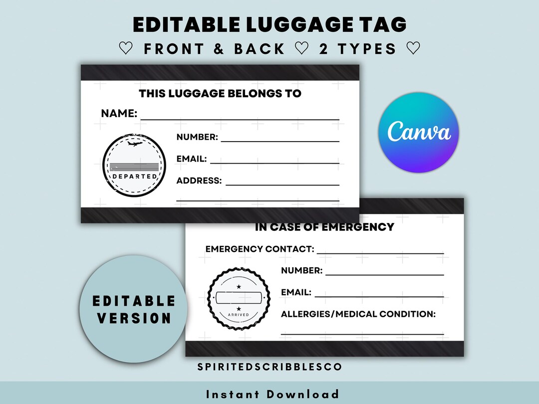 Editable Luggage Tag Insert Two-sided in Case of Emergency Travel Gear ...