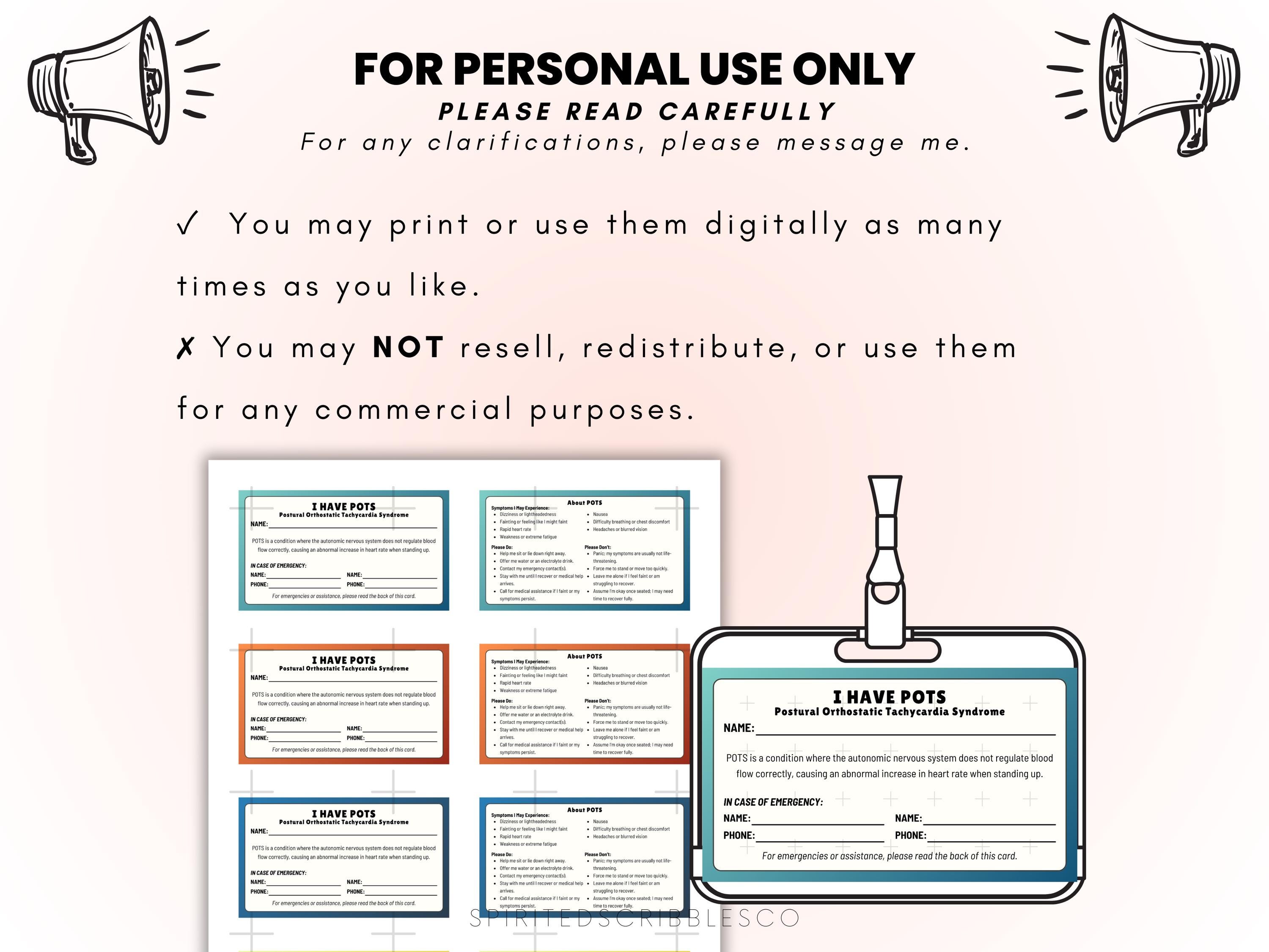 Printable POTS Card Postural Orthostatic Tachycardia Syndrome Awareness ...
