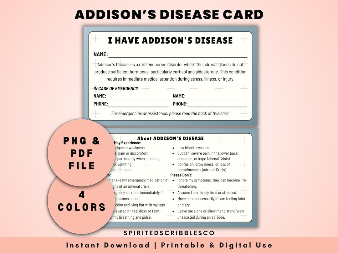 Printable Addison's Disease Awareness Card Medical ID Wallet Emergency ...