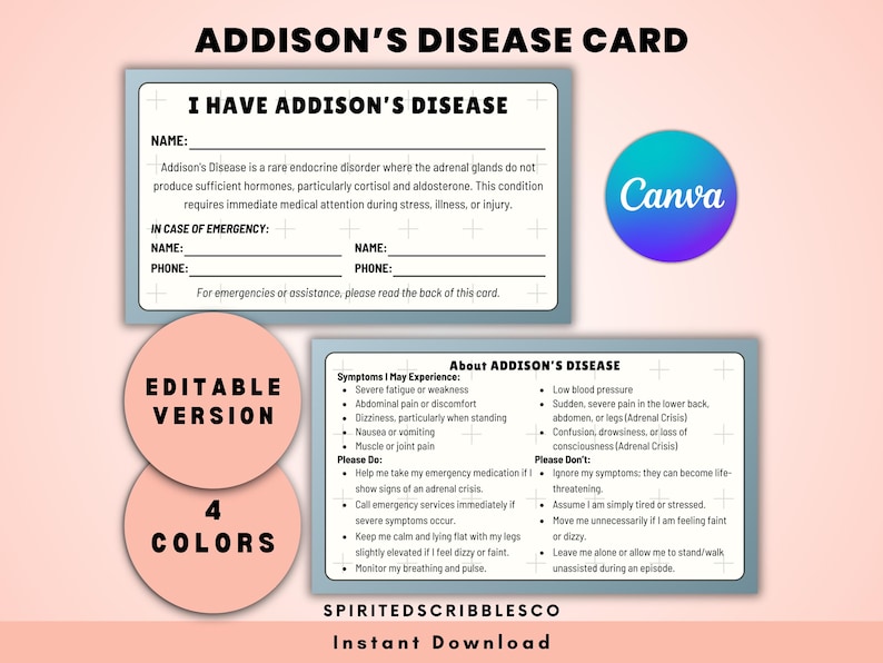 Editable Addison's Disease Awareness Card Medical ID Wallet Emergency ...