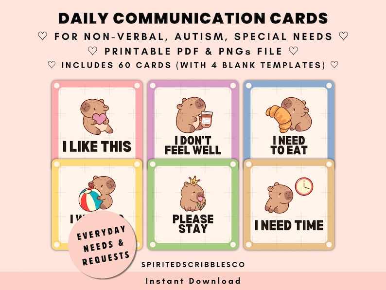 Printable Daily Communication Cards Cute Capybara Speech Conversation ...