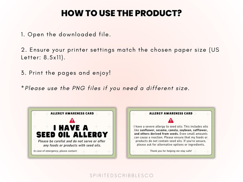 Printable Seed Oil Allergy Card Allergy Awareness Tag Food Warning ...