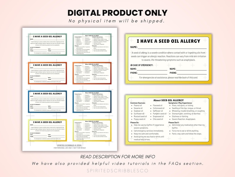 Printable Seed Oil Allergy Card Allergy Awareness Tag Food Warning ...