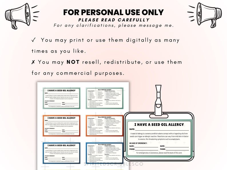Printable Seed Oil Allergy Card Allergy Awareness Tag Food Warning ...