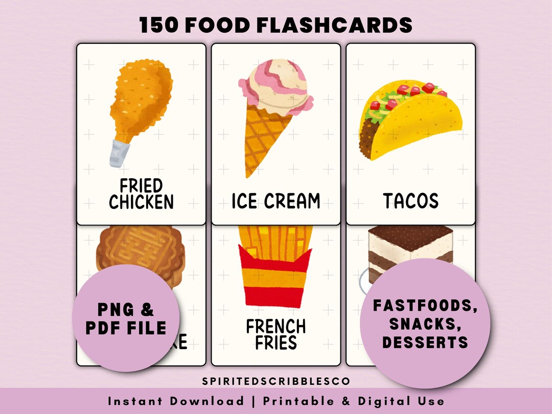 150 Food Flashcards Printable Fast Food Snacks Desserts Flash Card ...