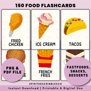 150 Food Flashcards Printable Fast Food Snacks Desserts Flash Card ...