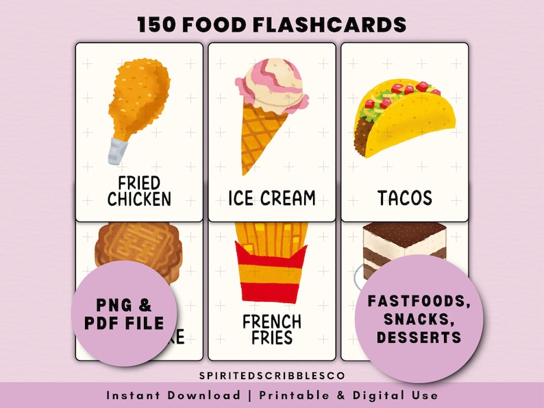 150 Food Flashcards Printable Fast Food Snacks Desserts Flash Card ...