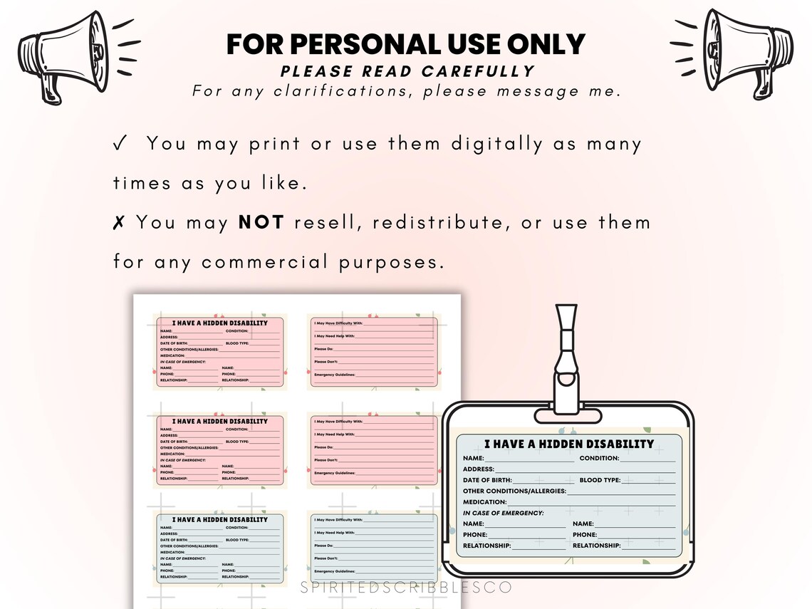 Printable Hidden Disability Card Medical Awareness Card Safety Alert ...
