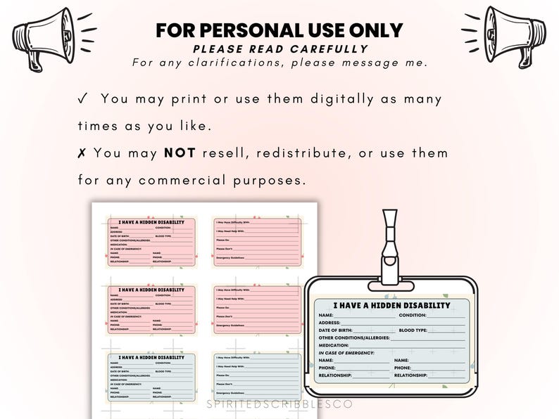 Printable Hidden Disability Card Medical Awareness Card Safety Alert ...