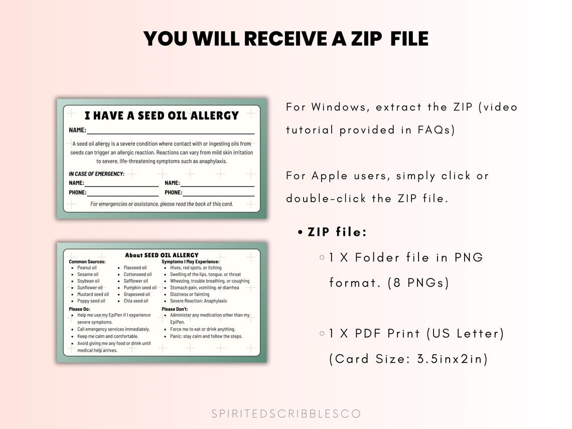 Printable Seed Oil Allergy Card Allergy Awareness Tag Food Warning ...