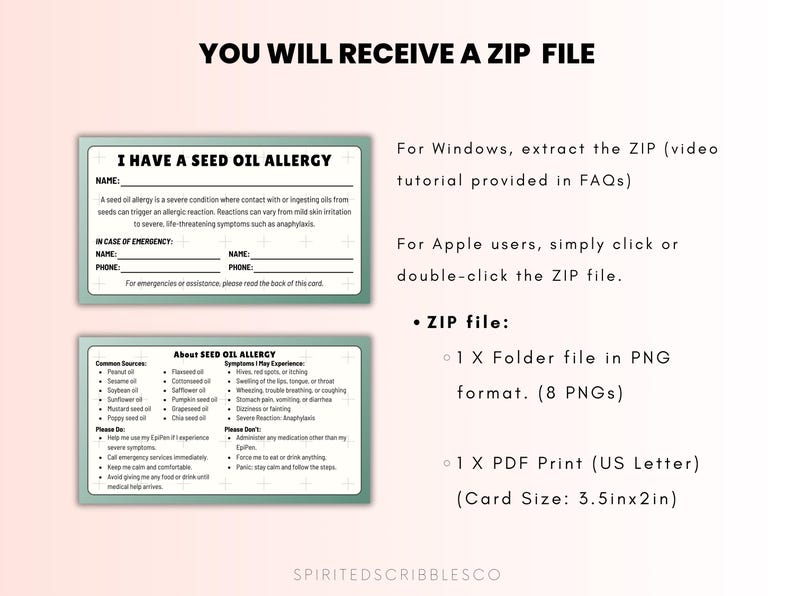 Printable Seed Oil Allergy Card Allergy Awareness Tag Food Warning ...