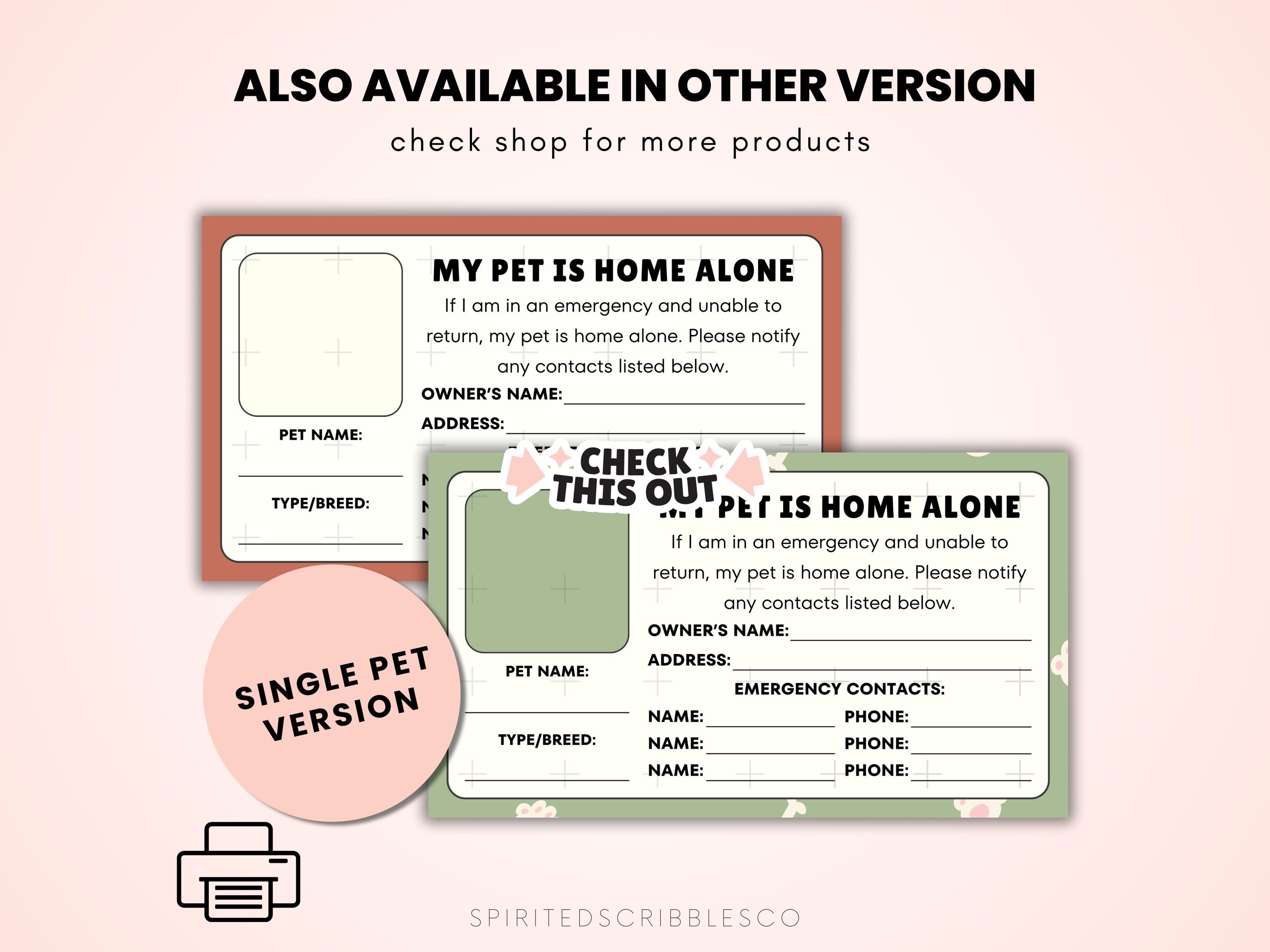 Printable Pet Emergency Contacts Card My Pets Are Home Alone ICE Tag ...