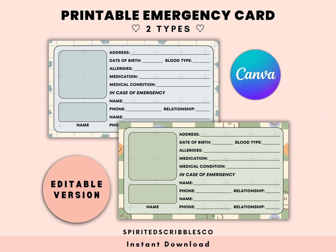 Kids Editable Emergency Card in Case of Emergency ICE Tag Contacts ...