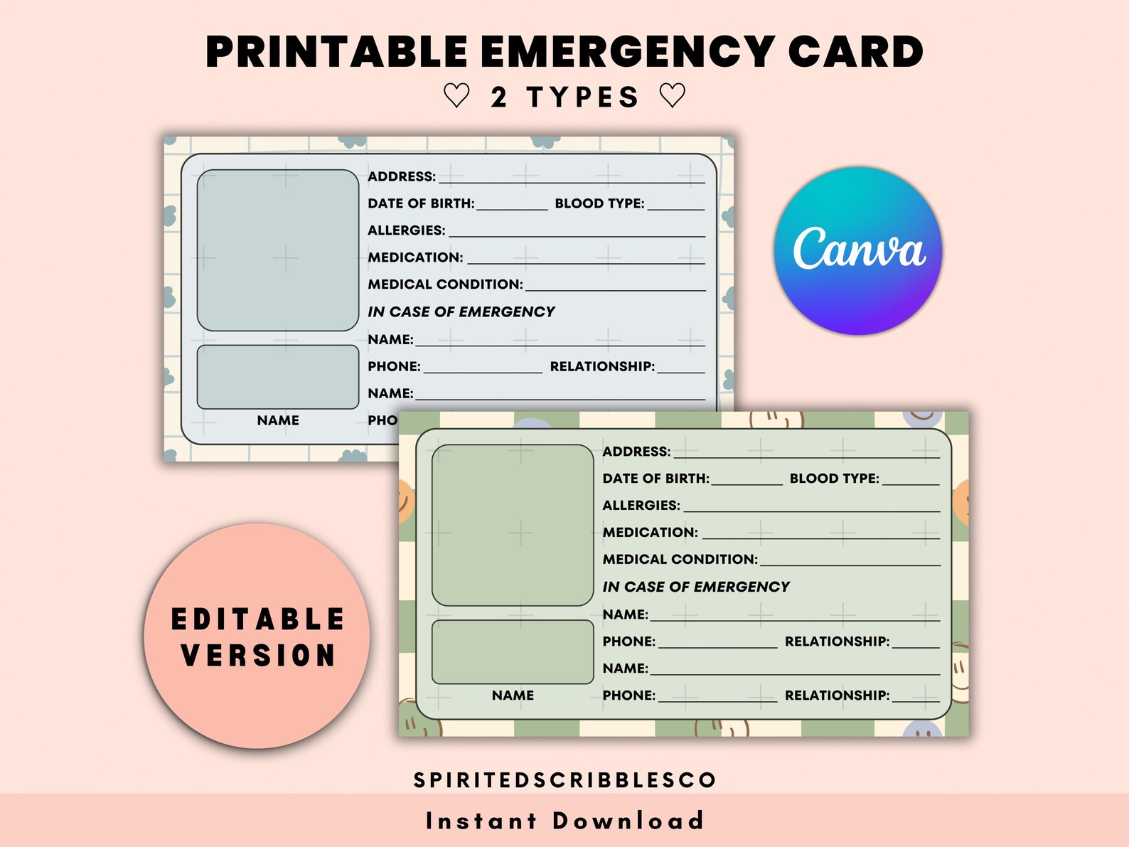 Kids Editable Emergency Card in Case of Emergency ICE Tag Contacts ...