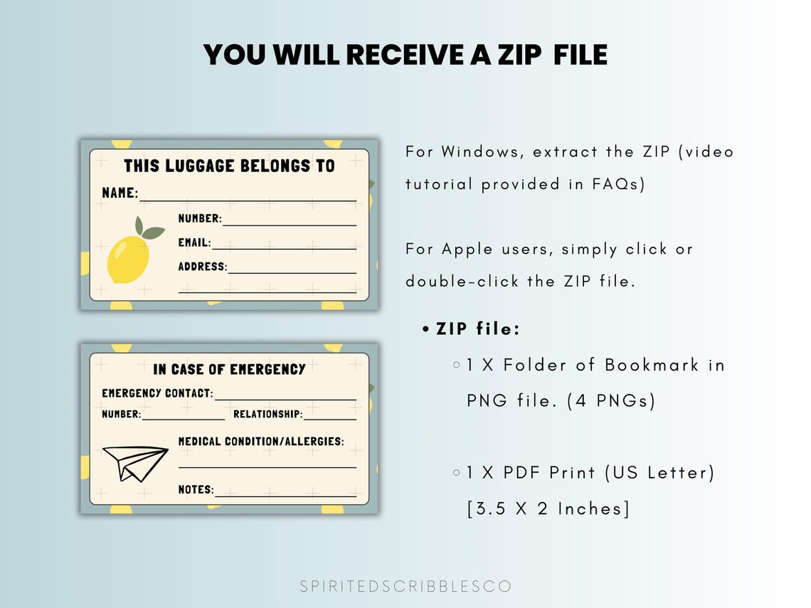 Printable Luggage Tag Insert Two-sided in Case of Emergency Contacts ...