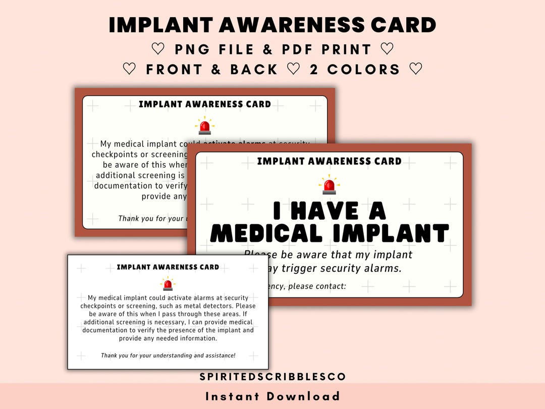 Printable Implant Card Medical Implant Awareness Alert Visual Wallet ...